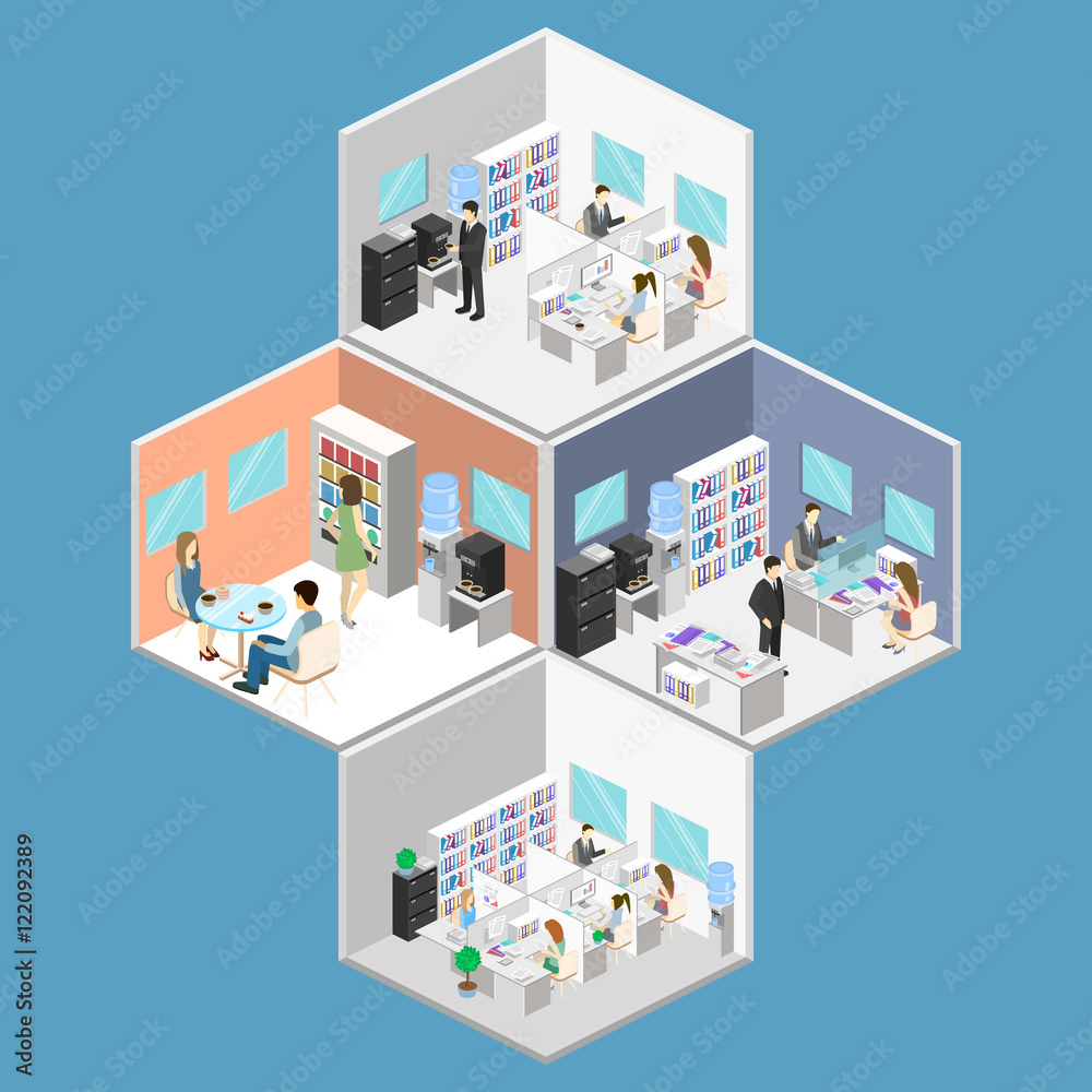Flat 3d isometric abstract office floor interior departments concept ...