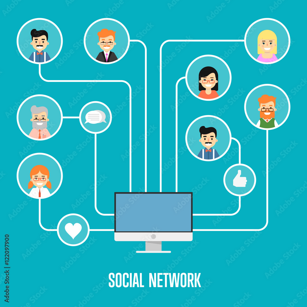 Round people icons connected with laptop. Social network banner on blue ...