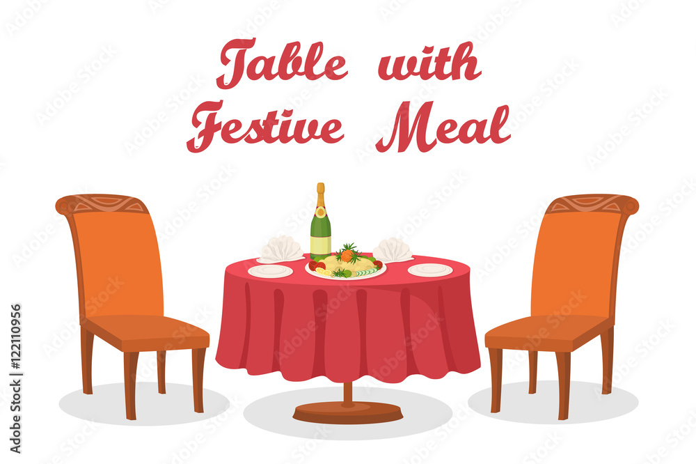 Cartoon Served Holiday Table with Festive Meal, Bottle of Champagne ...