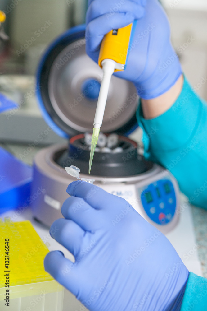 scientist or laboratory technician working with dispenser, a centrifuge ...