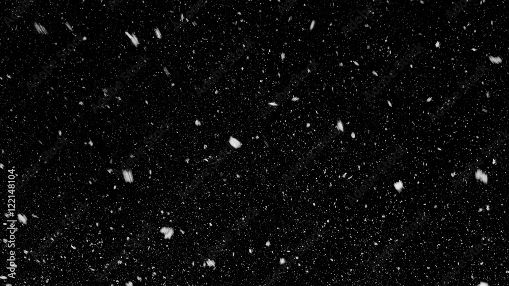 Falling down in slow motion real snowflakes from left to right, calm ...