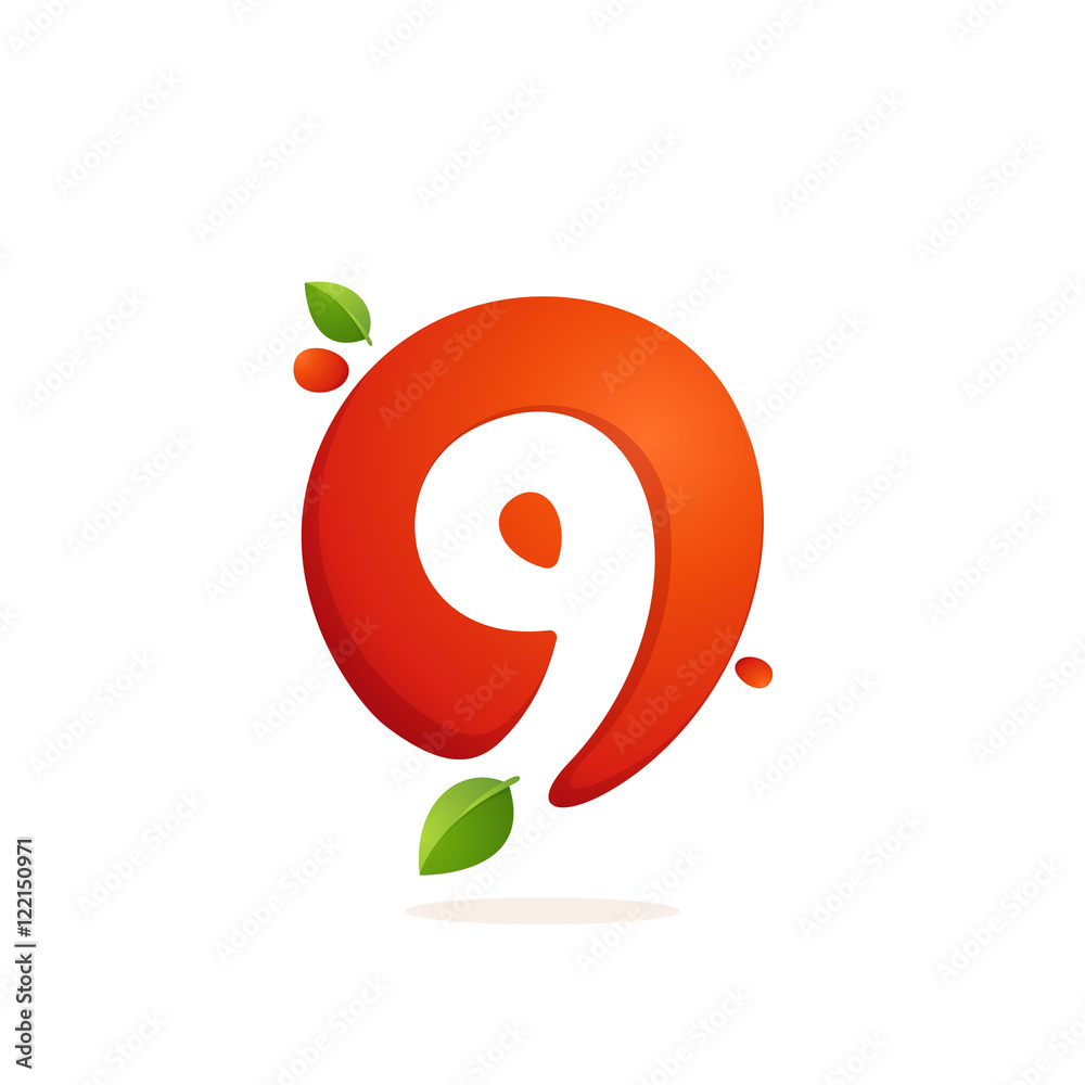 Number nine logo in fresh juice splash with green leaves. Stock Vector ...