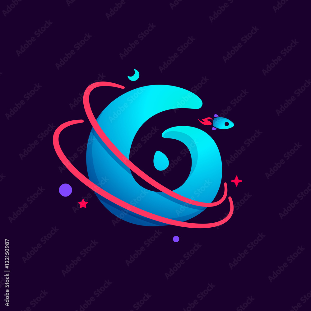 Number six logo with planet, rocket and orbits lines. 6 icon. Stock ...