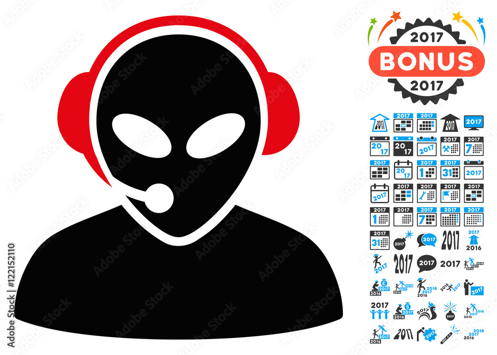 Alien Call Center icon with 2017 year bonus vector pictographs. Clipart ...