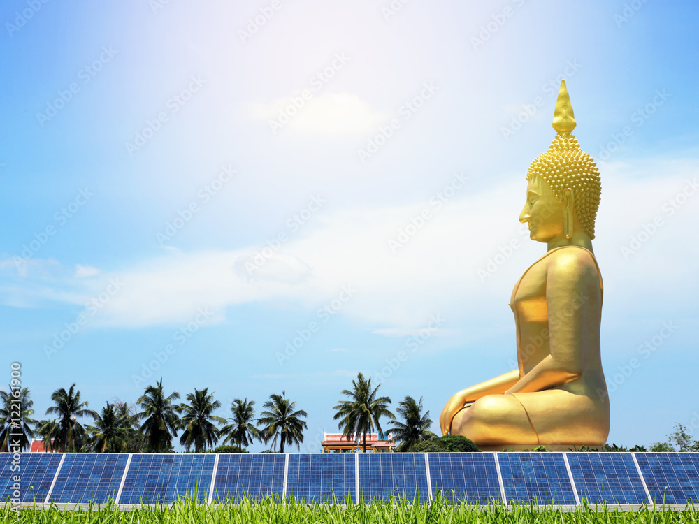 solar photovoltaics panels in rice field with big buddha statue sitting ...