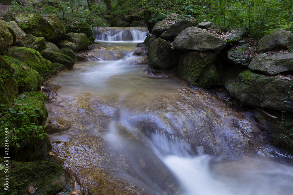 Wasser fliesst im Bach durch die Natur im Wald Stock-Foto | Adobe Stock