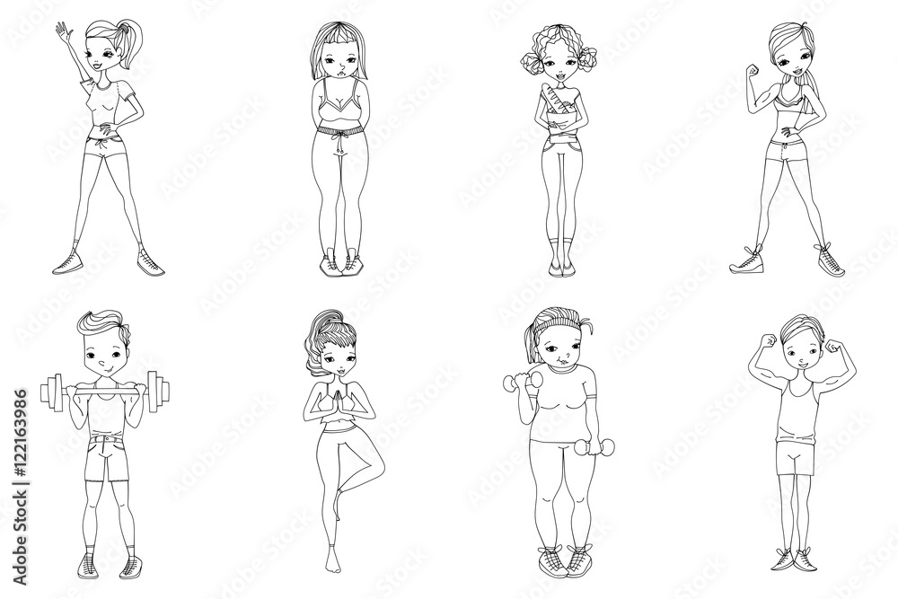 Sketch Healthy Lifestyle Vector People Set Illustration with Fitness ...