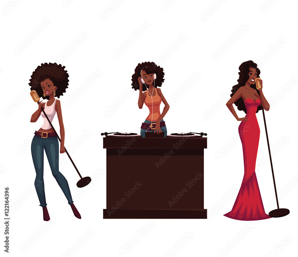 Beautiful African women singers and dj, cartoon vector illustration ...