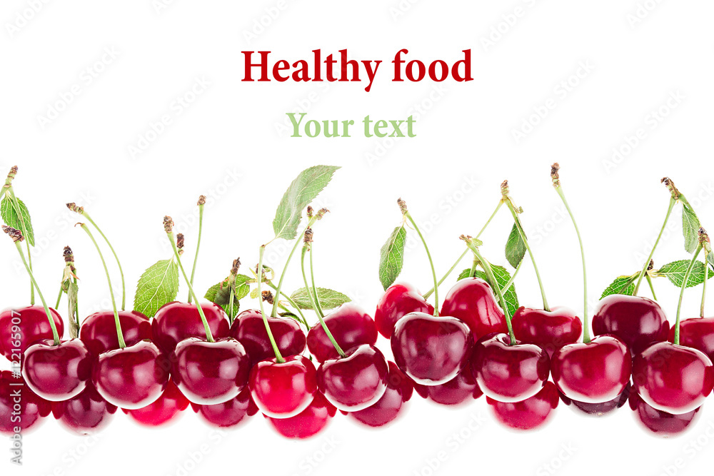Cherry background. Bunches of ripe juicy rich shiny cherries on a white ...