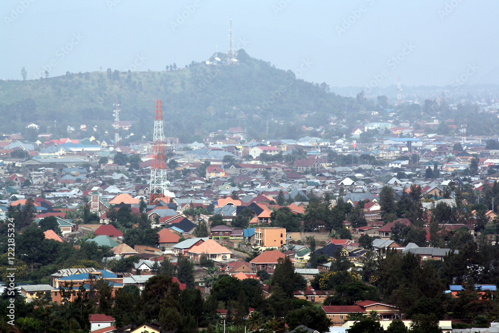 city panorama of Gisenyi (foreground), Rwanda, and Goma (background ...