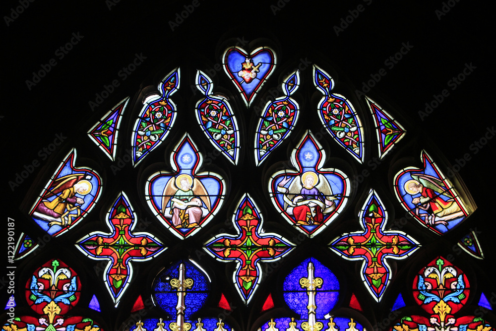 Vitrail. Eglise Notre-Dame. Bourges. / Stained glass. Church Notre-Dame ...
