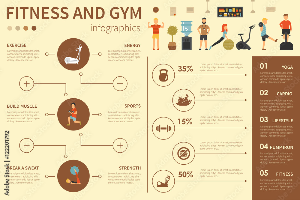 Fitness And Gym infographic flat vector illustration. Presentation ...