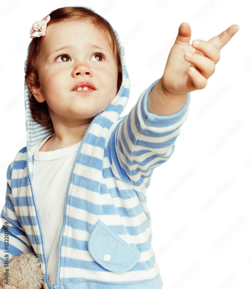 little cute adorable baby girl pointing isolated on white close up ...