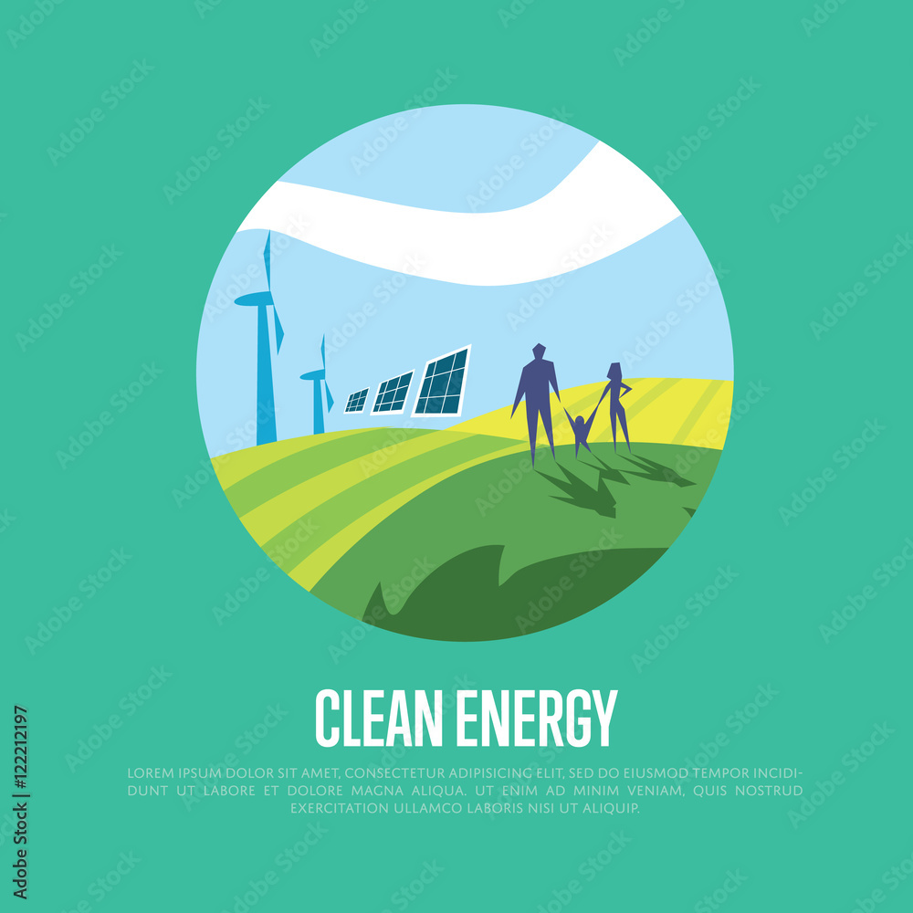 Clean energy vector illustration. Family in green field with wind ...