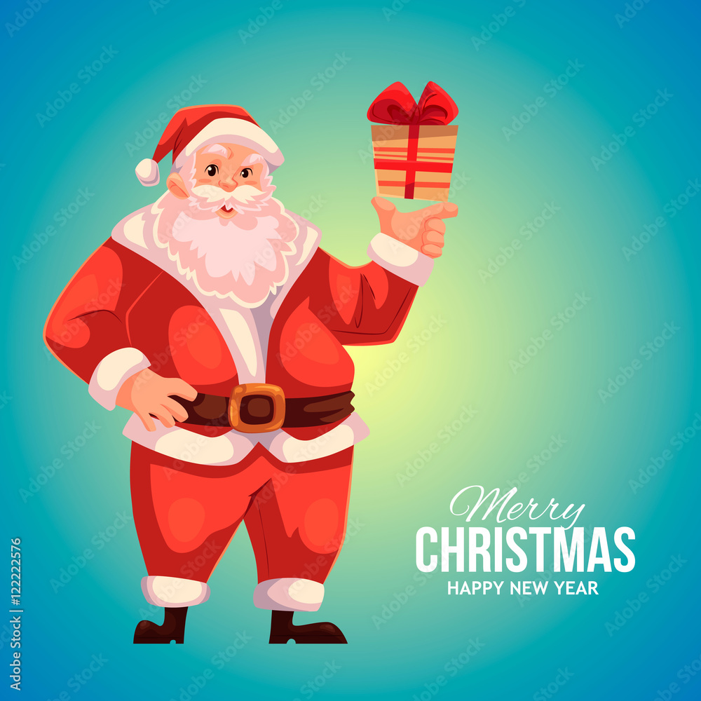 Cartoon style Santa Claus holding a small gift box, Christmas vector ...