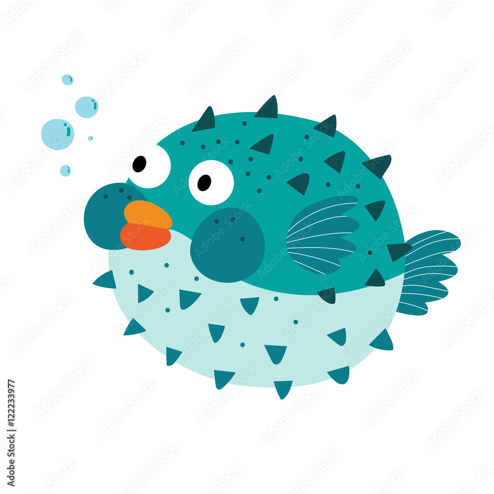 Blue Blowfish cartoon character. Isolated on white background. Vector ...