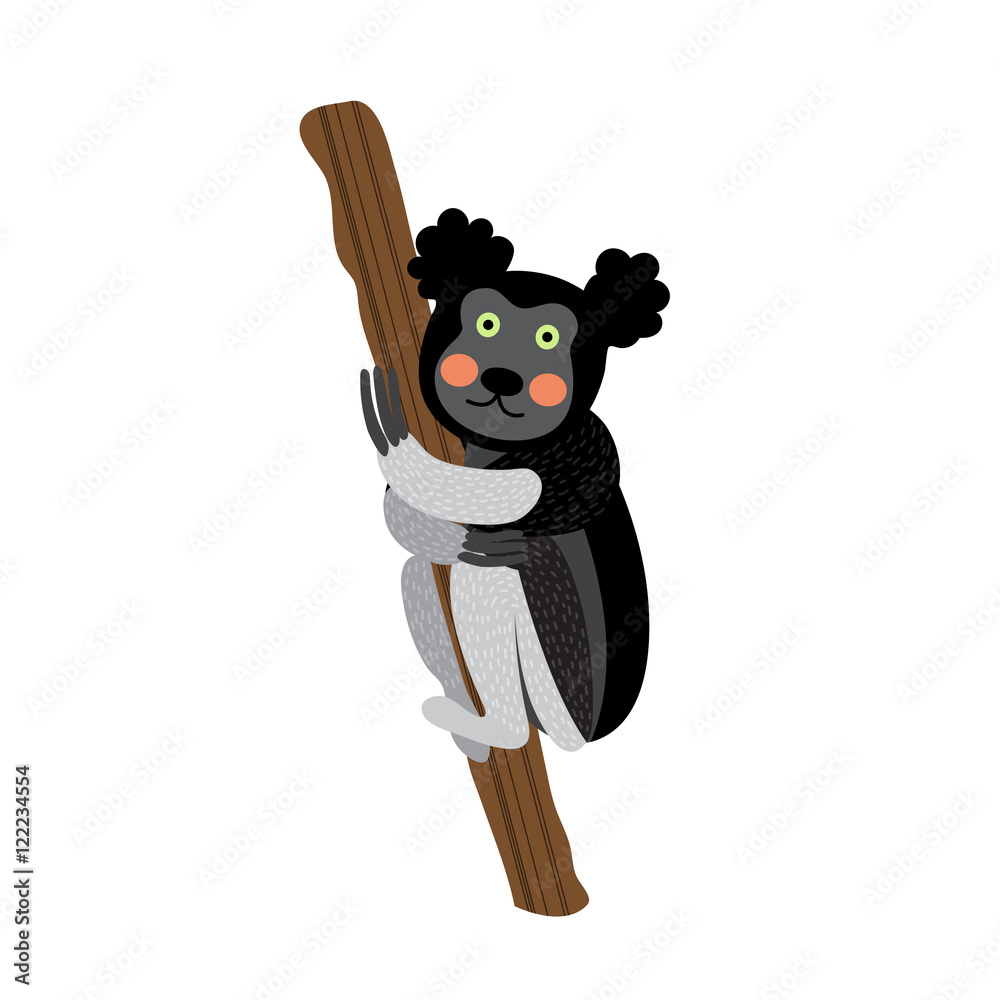 Cute Indri climbing a tree animal cartoon character. Isolated on white ...