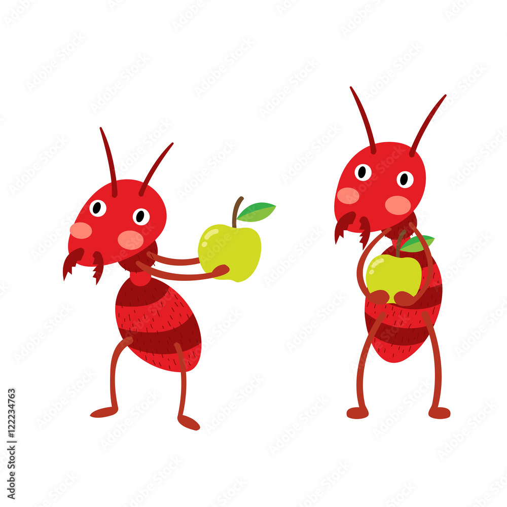 Fire ants with green apples cartoon character. Isolated on white ...