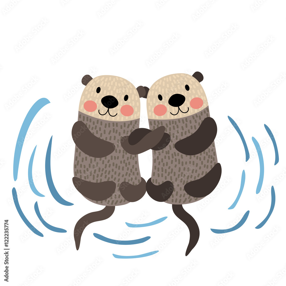 Otter couple holding hands animal cartoon character. Isolated on white ...