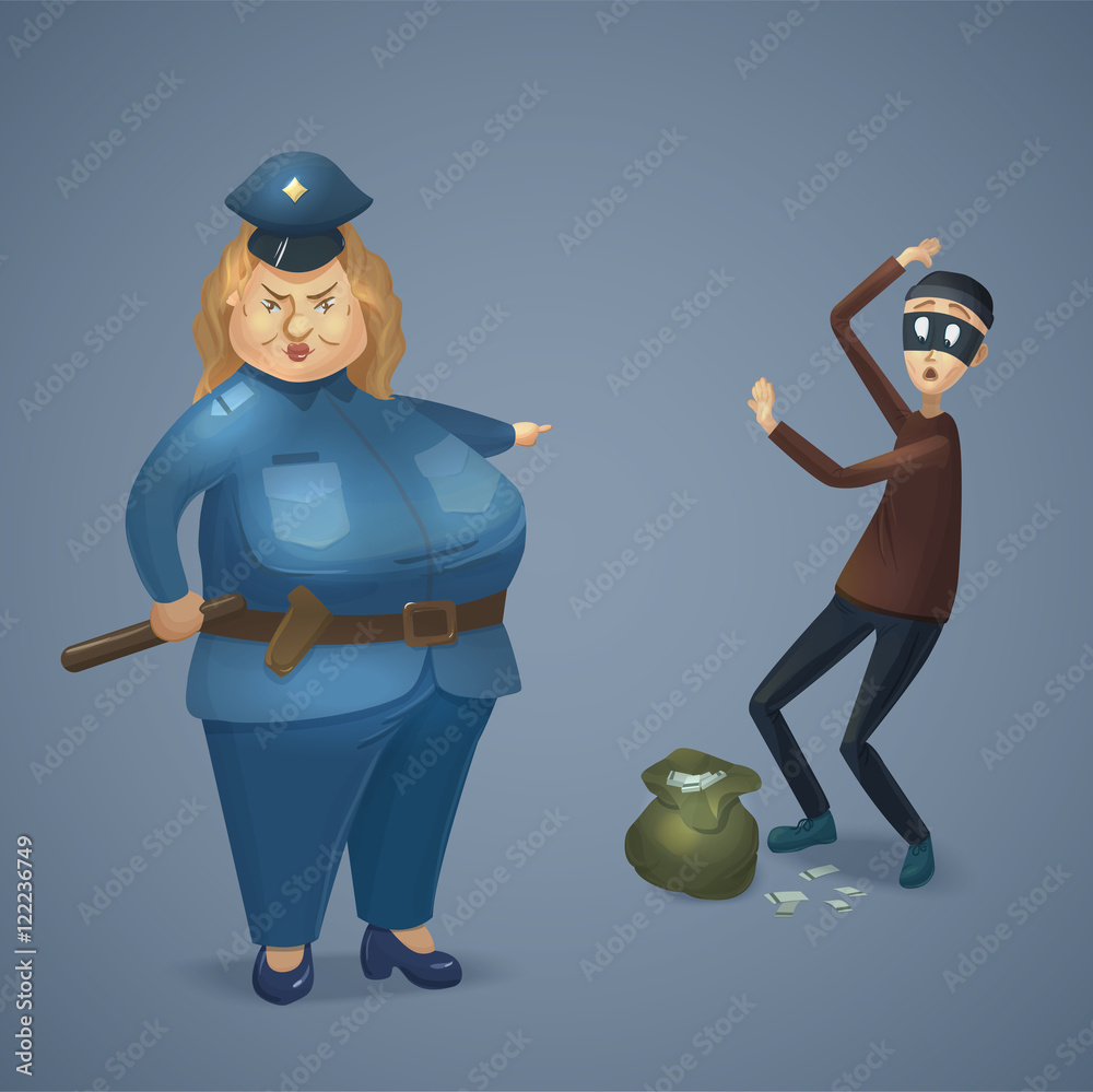 Strict policewoman catching a thief. Big cop woman and scared robber ...