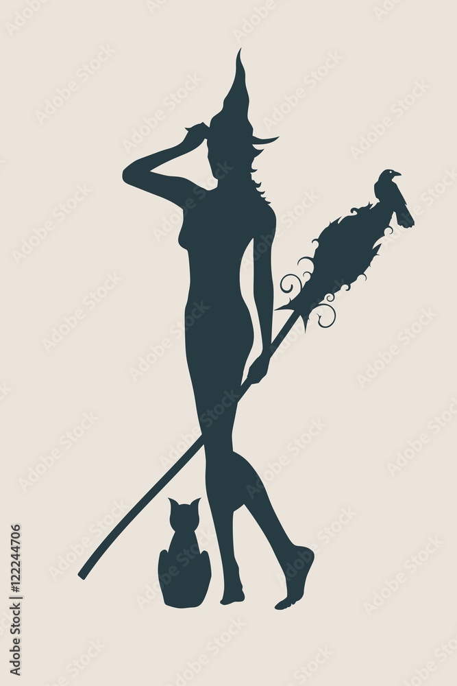 Vector illustration of standing young witch icon. Witch silhouette with ...
