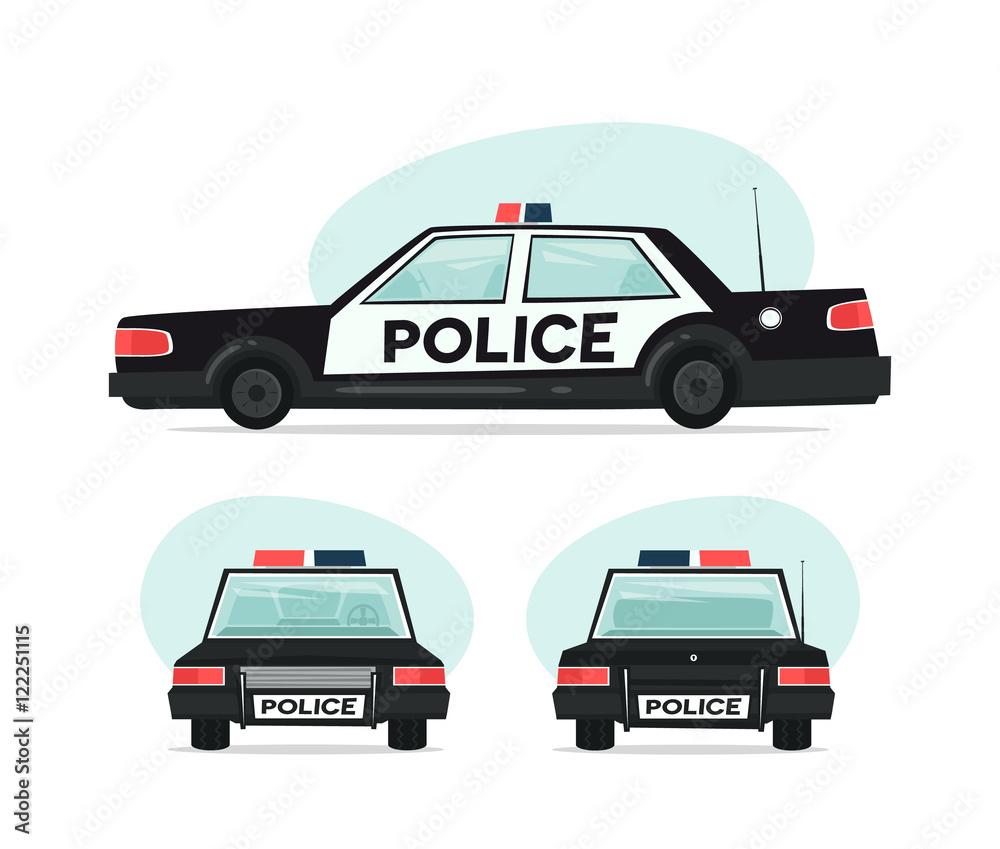 Set of cartoon police car. Isolated objects on white background in flat ...