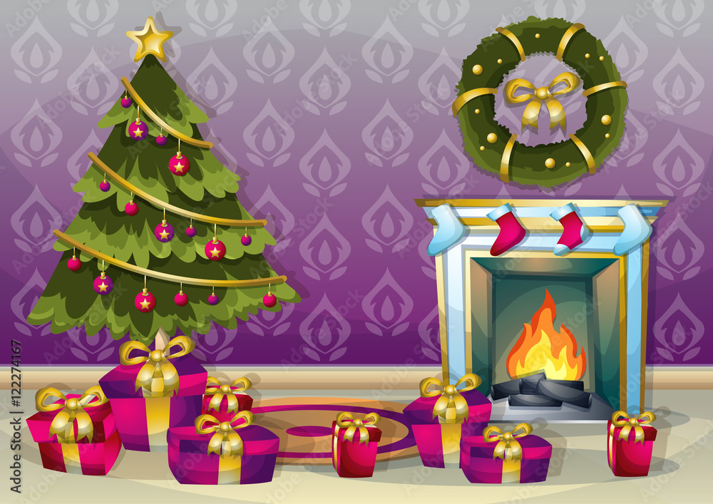 cartoon vector illustration interior Christmas room with separated ...