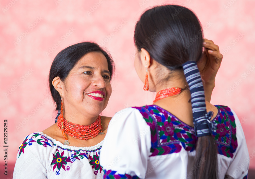 Beautiful hispanic mother and daughter wearing traditional andean ...