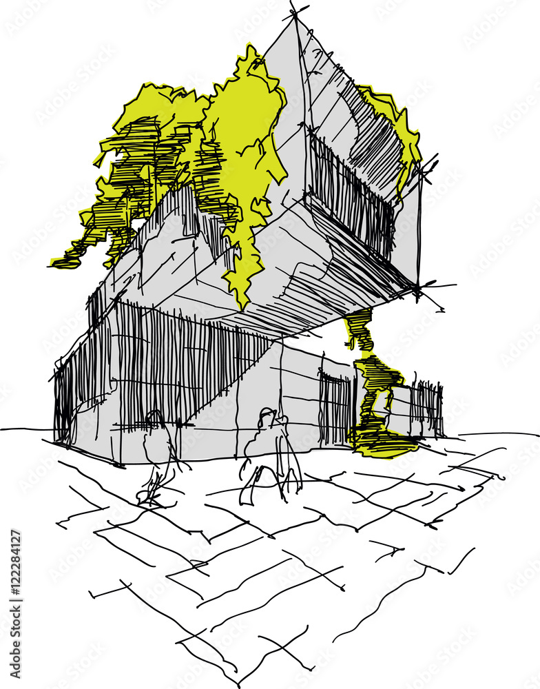 hand drawn architectural sketch of a modern building with lot of trees ...
