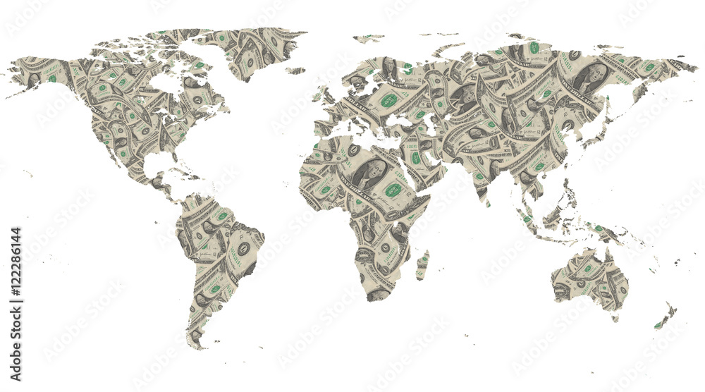 World map with dollar isolated on black. foto de Stock | Adobe Stock
