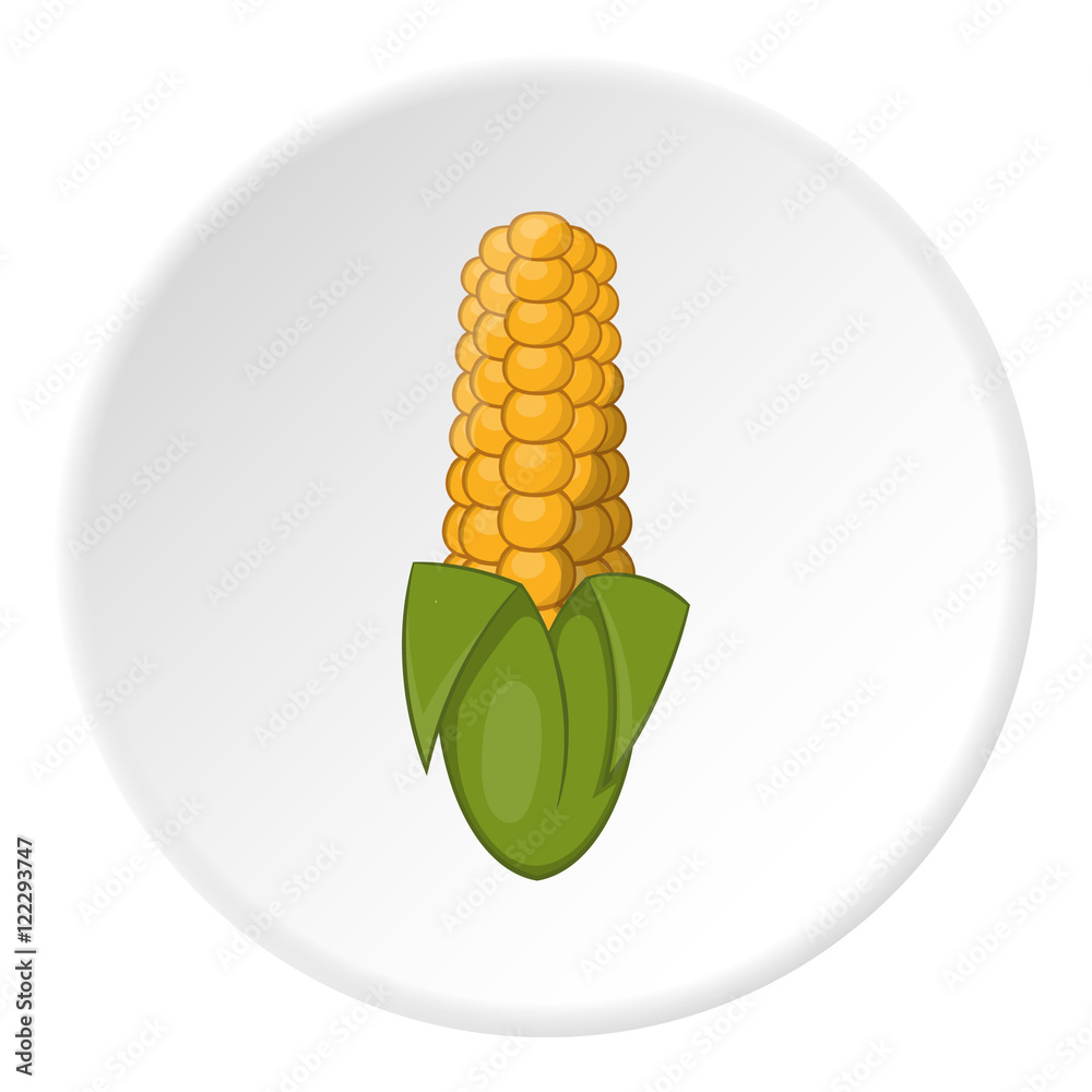 Corn icon in cartoon style on white circle background. Food symbol ...