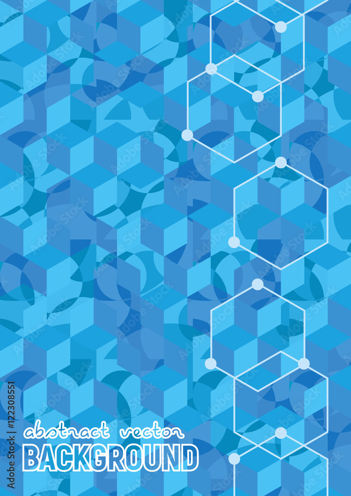 Abstract background. Blue isometric cubes with patterns. Vector hexagon ...