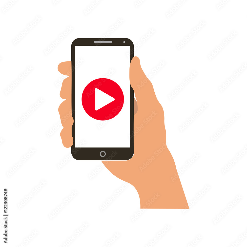 Hand holding smartphone on screen red play button icon vector Stock ...