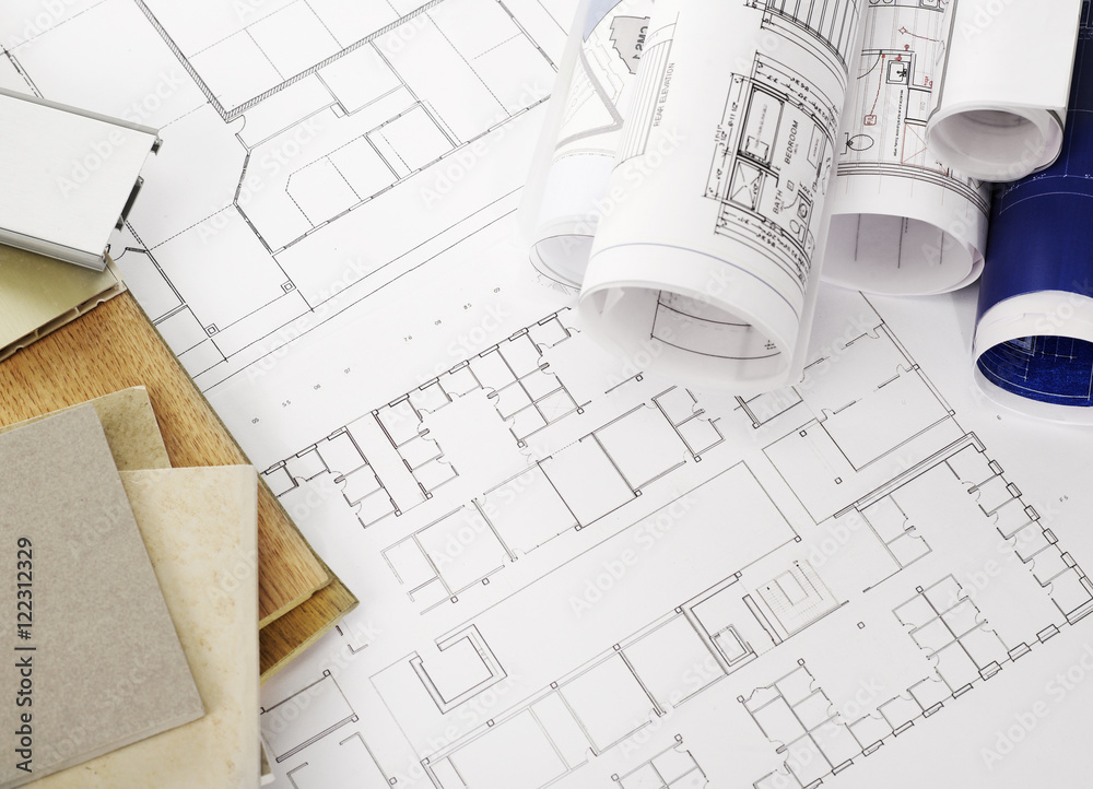 Blueprints and construction materials Stock Photo | Adobe Stock