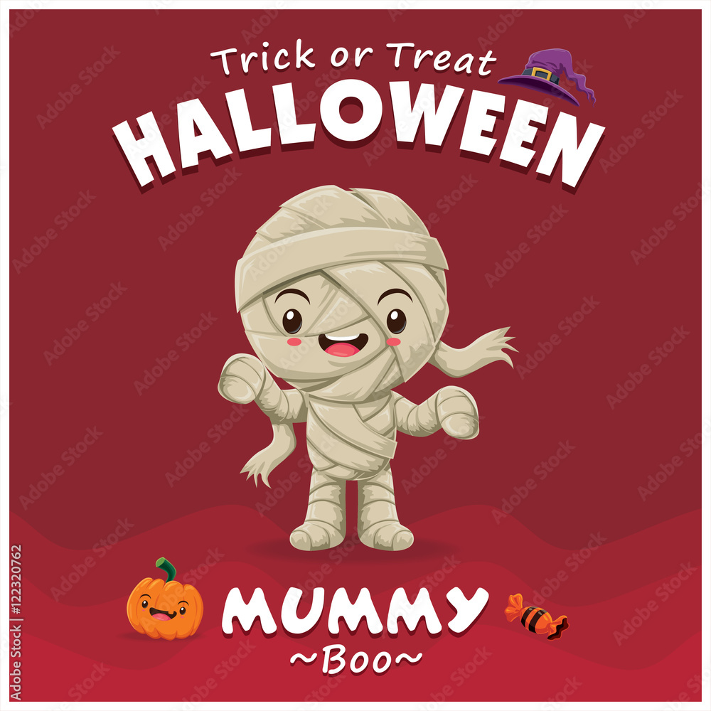 Vintage Halloween poster design with vector mummy character. Stock ...