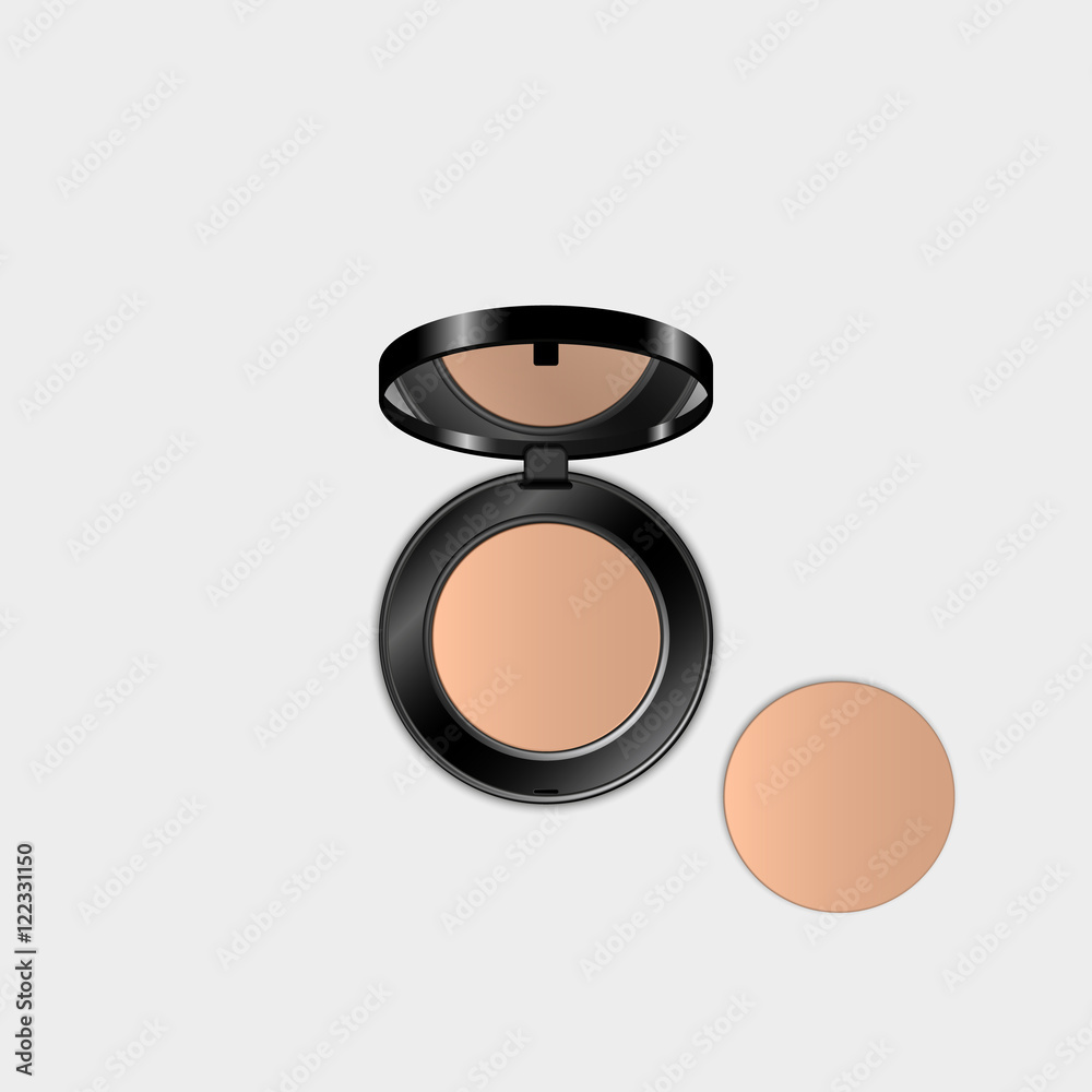 Realistic puff box with face powder and mirrow. Top view powder make up ...