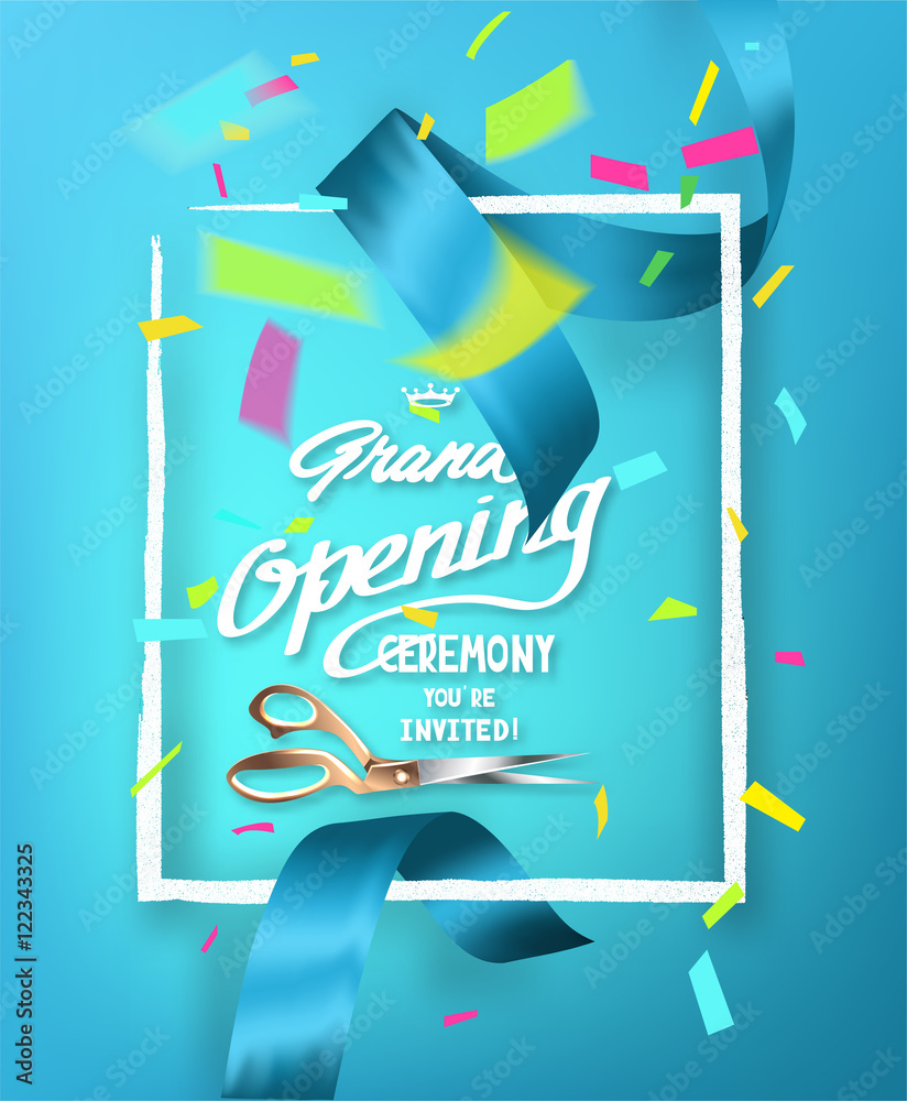 GRAND OPENING BACKGROUND WITH BLUE CUT SILK RIBBON AND SILVER FRAME AND ...