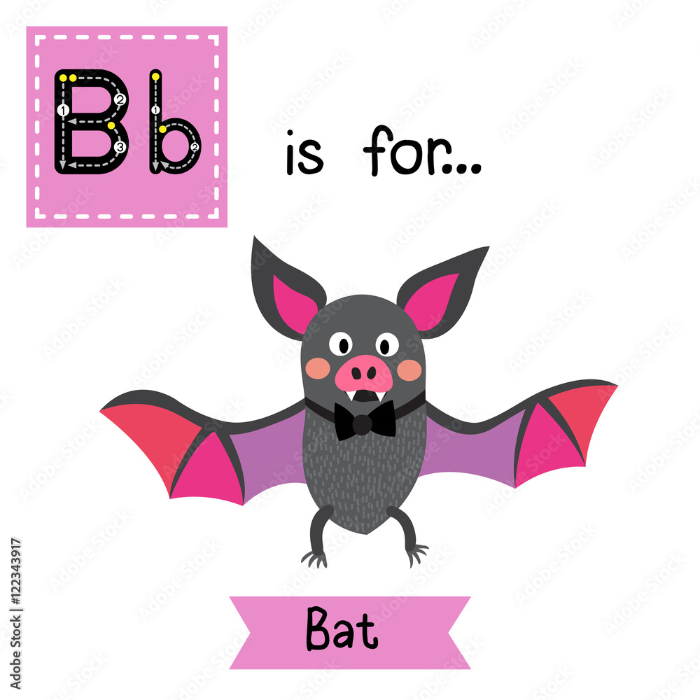 B letter tracing. Flying colorful Bat with bow. Cute children zoo ...