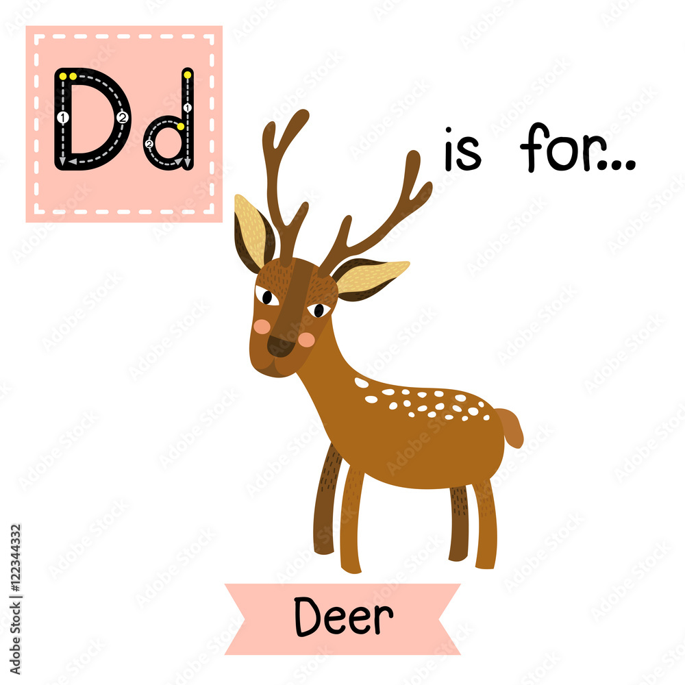 D letter tracing. Deer. Cute children zoo alphabet flash card. Funny ...