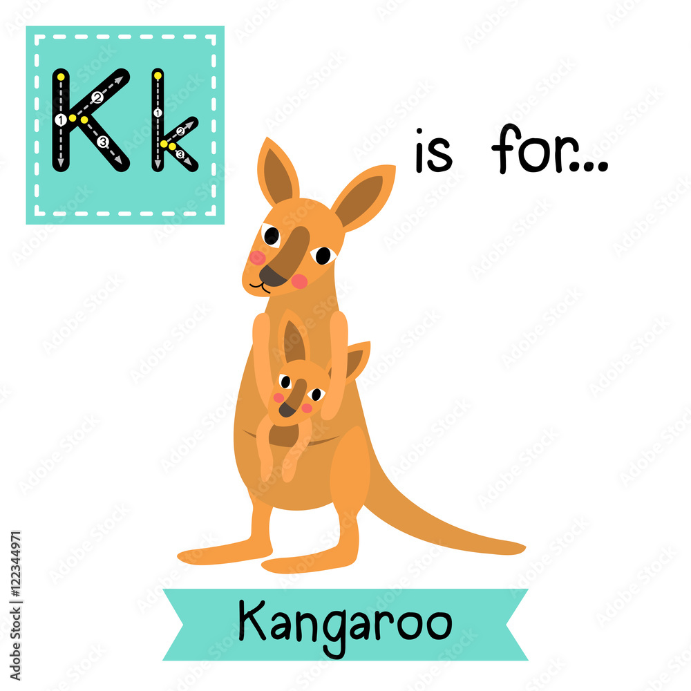 K letter tracing. Kangaroo and baby kangaroo. Cute children zoo ...