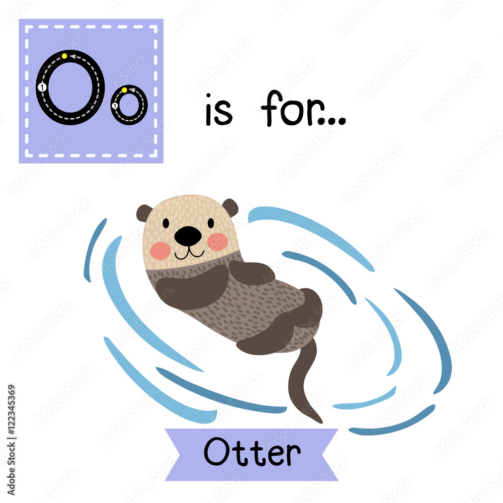 O letter tracing. Floating Otter. Cute children zoo alphabet flash card ...