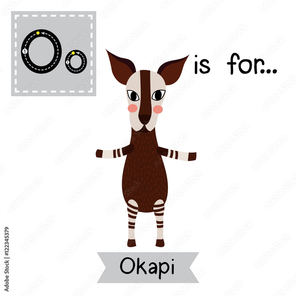 O letter tracing. Okapi standing on two legs. Cute children zoo ...