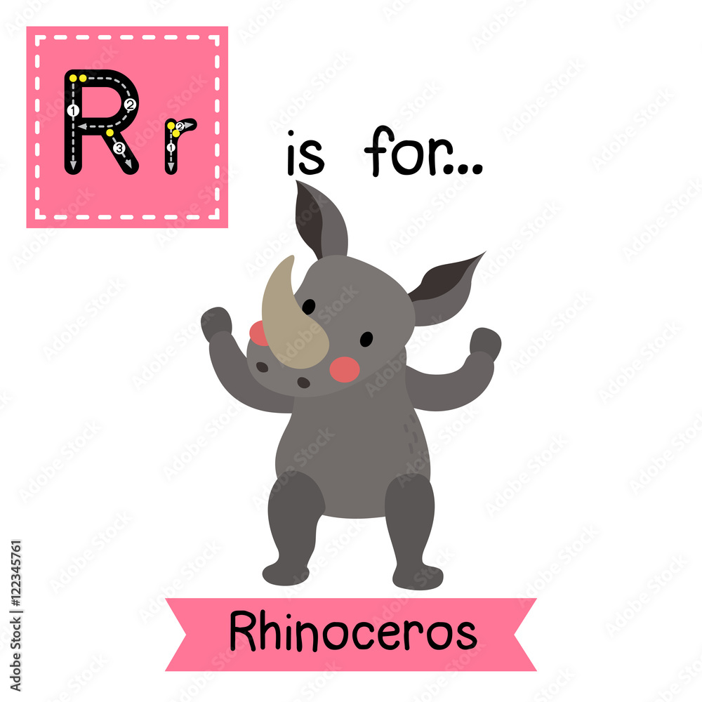 R letter tracing. Rhinoceros standing on two legs. Cute children zoo ...