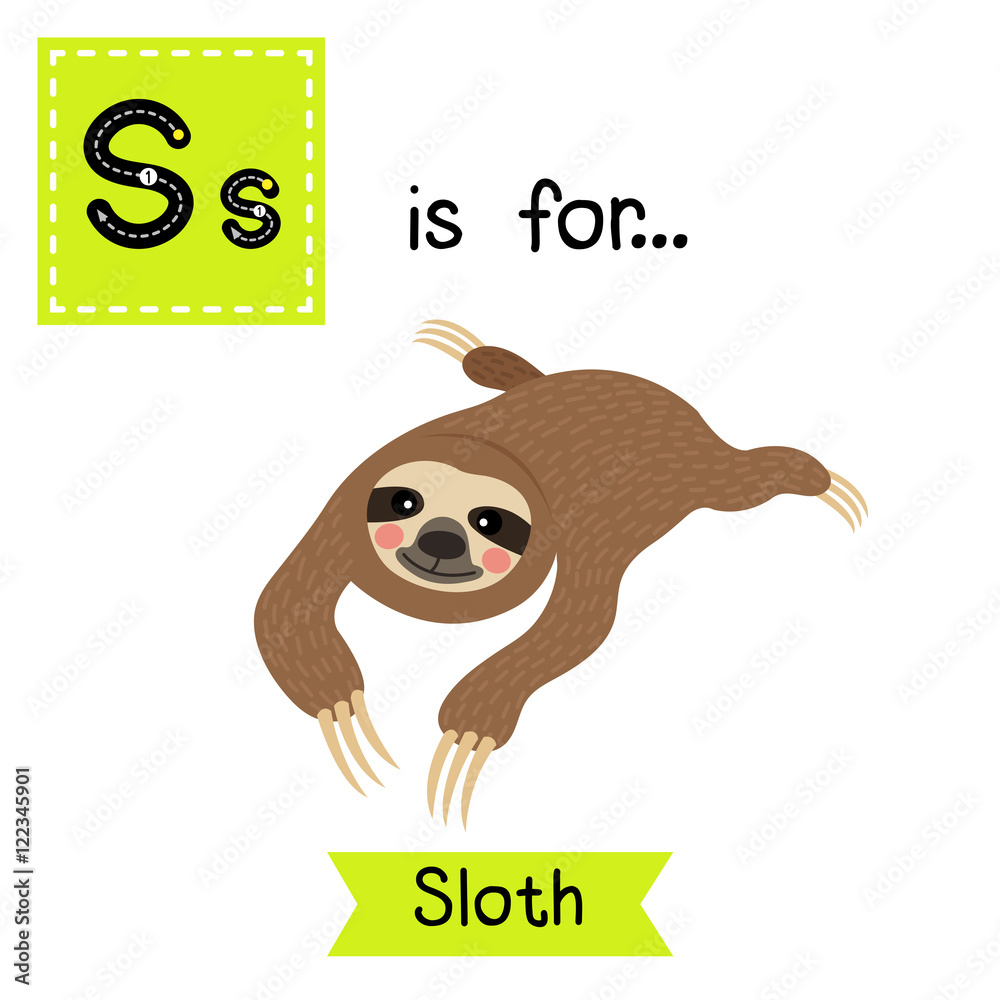 S letter tracing. Three-toed lying Sloth. Cute children zoo alphabet ...