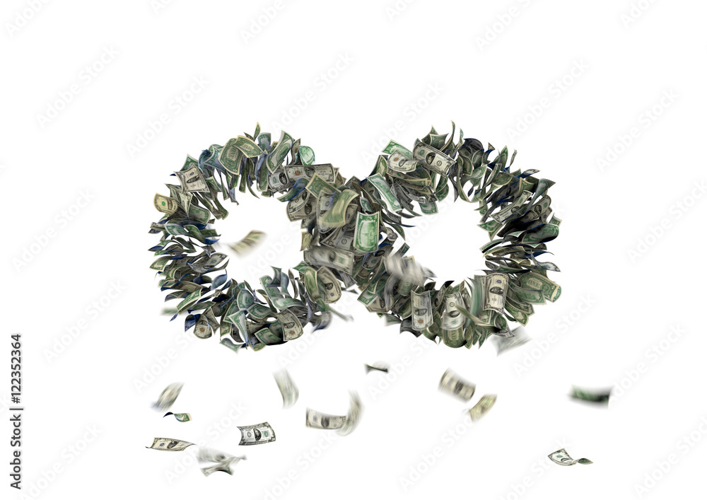 The "Infinity" symbol made out of 1, 5, 20, 50 and 100 dollar bills ...