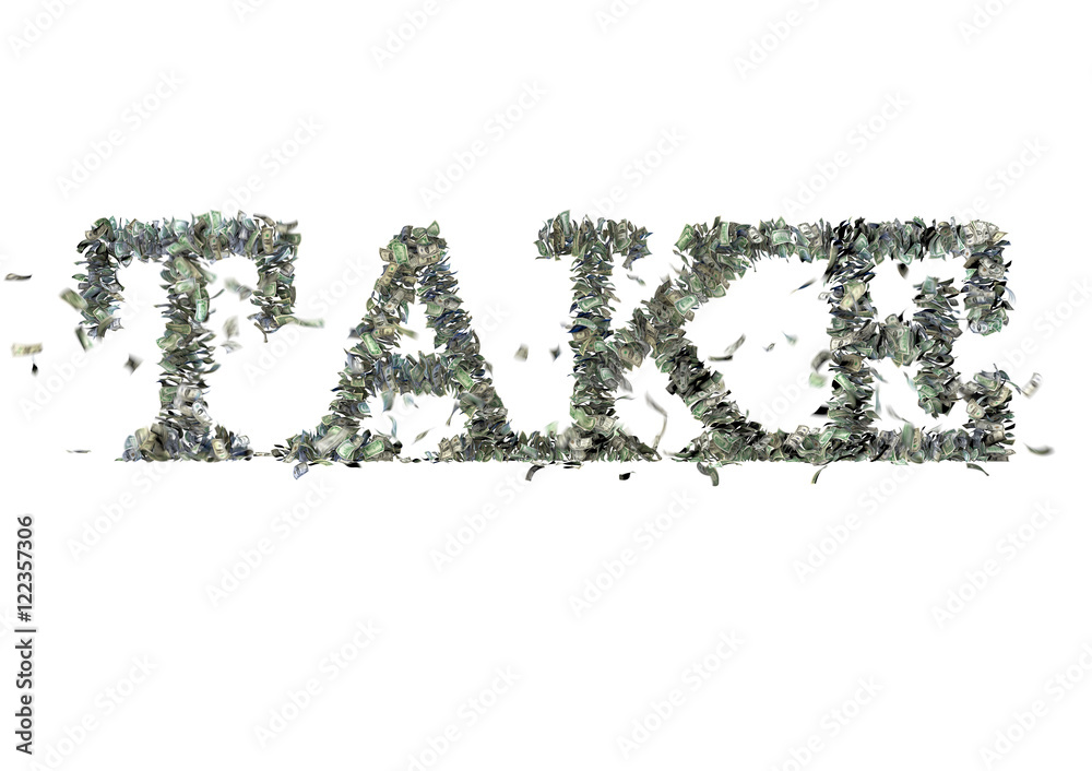 The word "TAKE" made out of 1, 5, 20, 50 and 100 dollar bills Stock ...