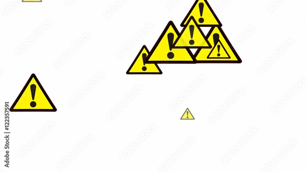 Warning sign. Many of the danger warning signs chaotically flying ...