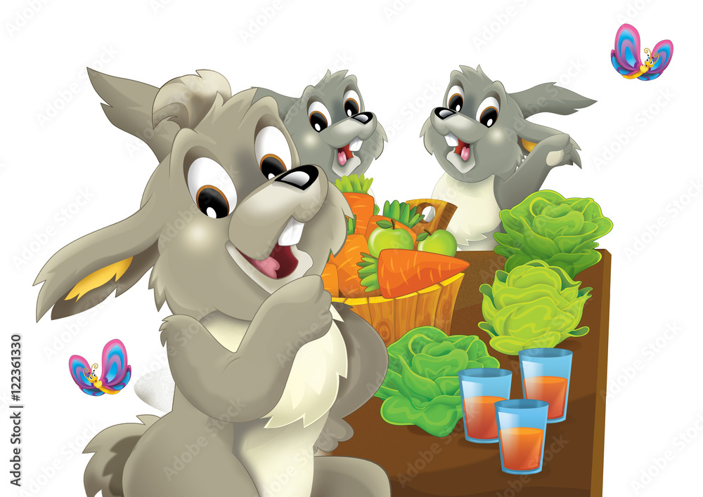 Cartoon happy rabbit eating carrot with friends by the table - isolated ...