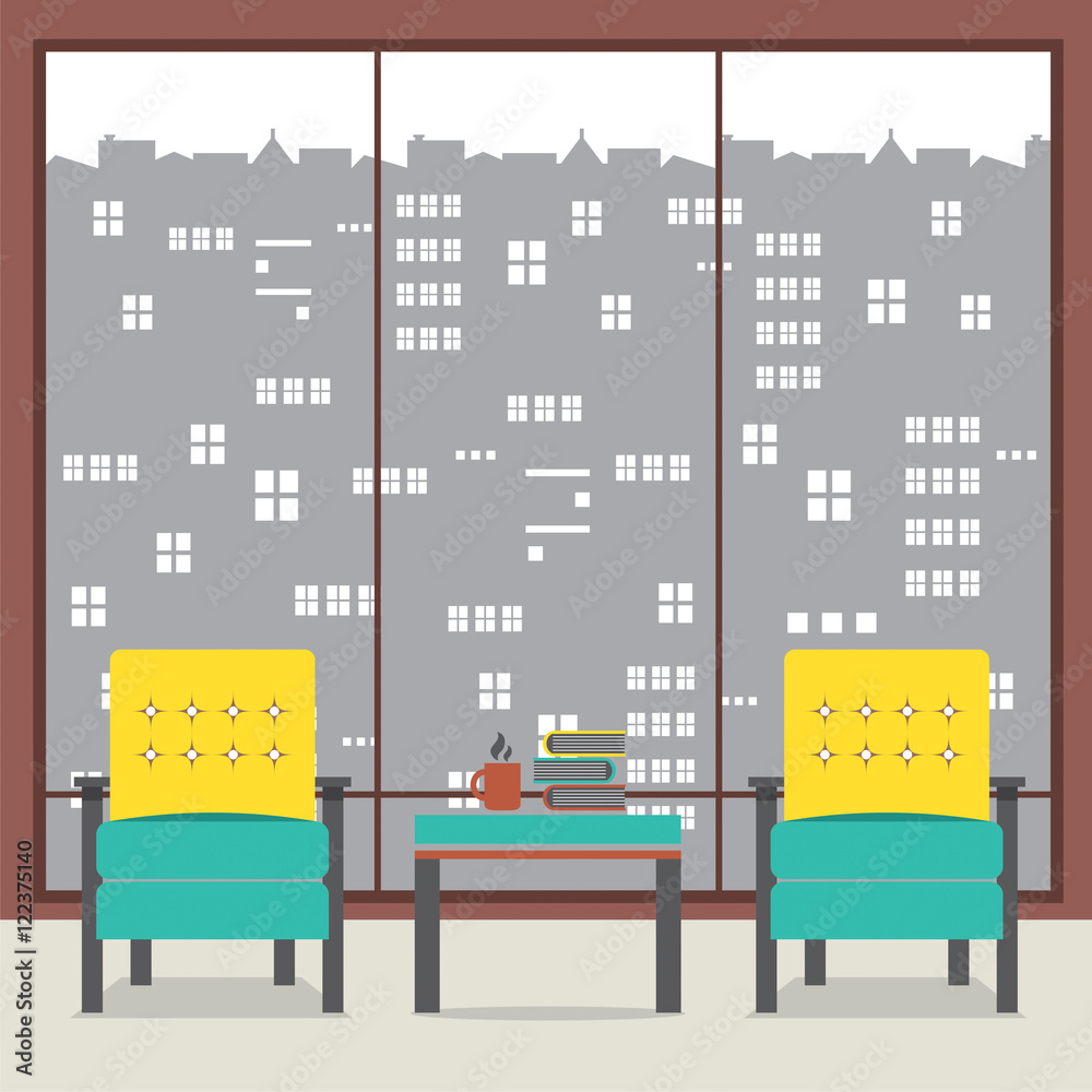 Sofas With Books In Front Of Wide Glass Window Vector Illustration ...