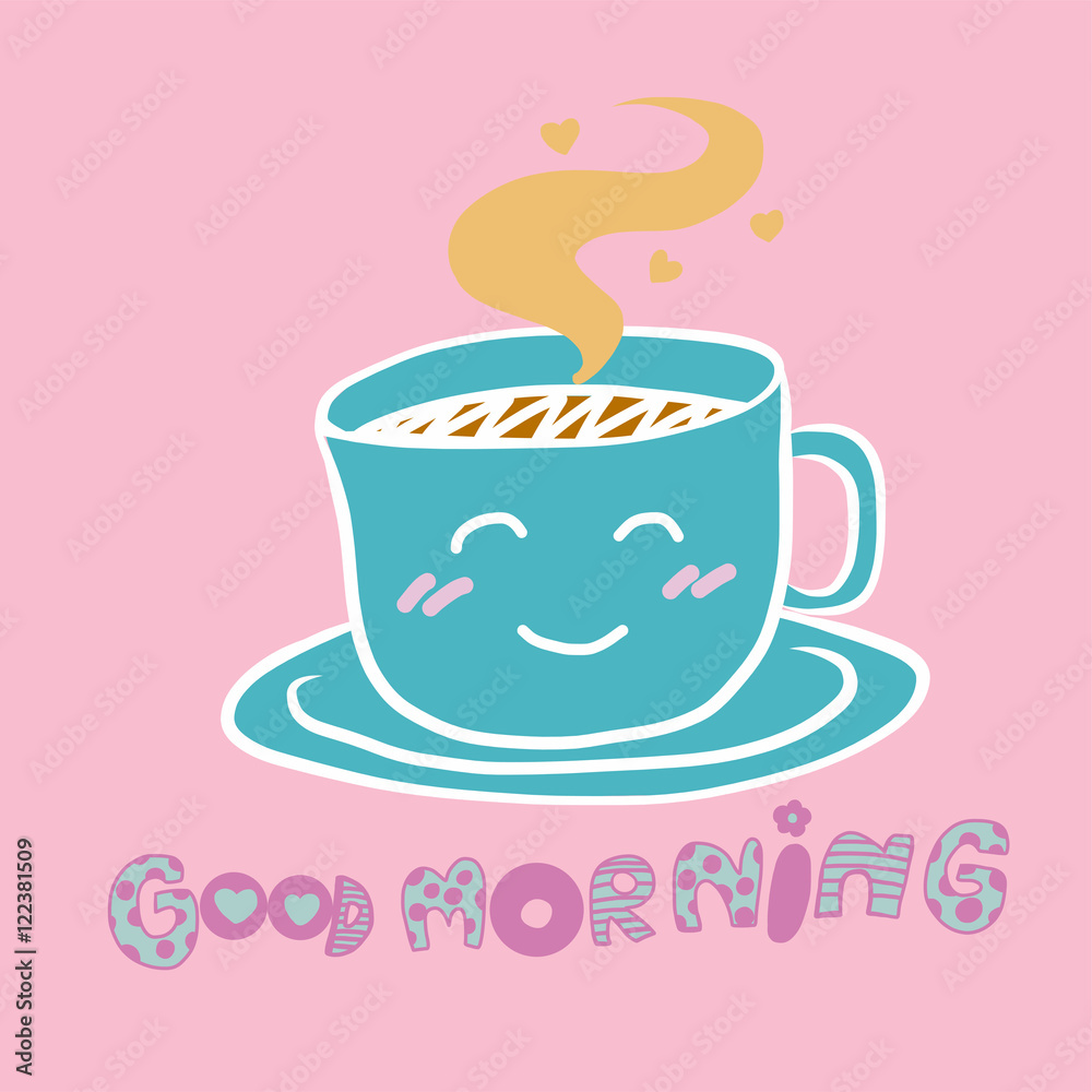 Cute good morning coffee cup cartoon illustration Stock Vector | Adobe ...
